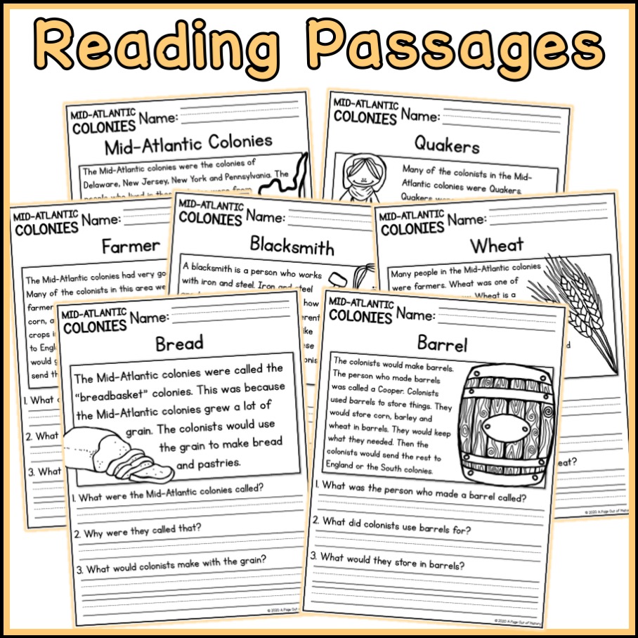 Mid Atlantic Colonies Social Studies Reading Comprehension Passages K-2 ...