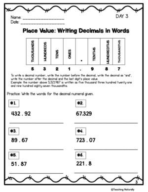 Place Value Writing Decimals as Numerals and Words - Made By Teachers