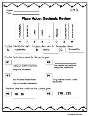 Place Value Writing Decimals as Numerals and Words - Made By Teachers