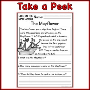 Life on the Mayflower Social Studies Reading Comprehension Passages K-2 ...