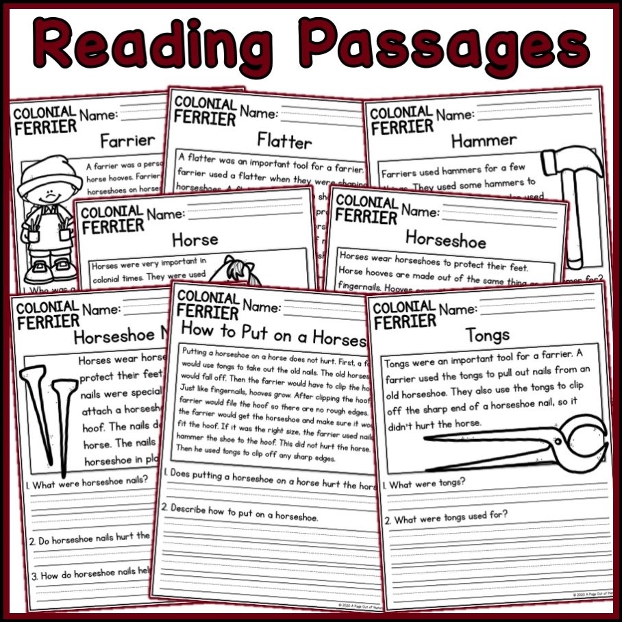 Colonial Farrier Social Studies Reading Comprehension Passages K-2 | Made By Teachers