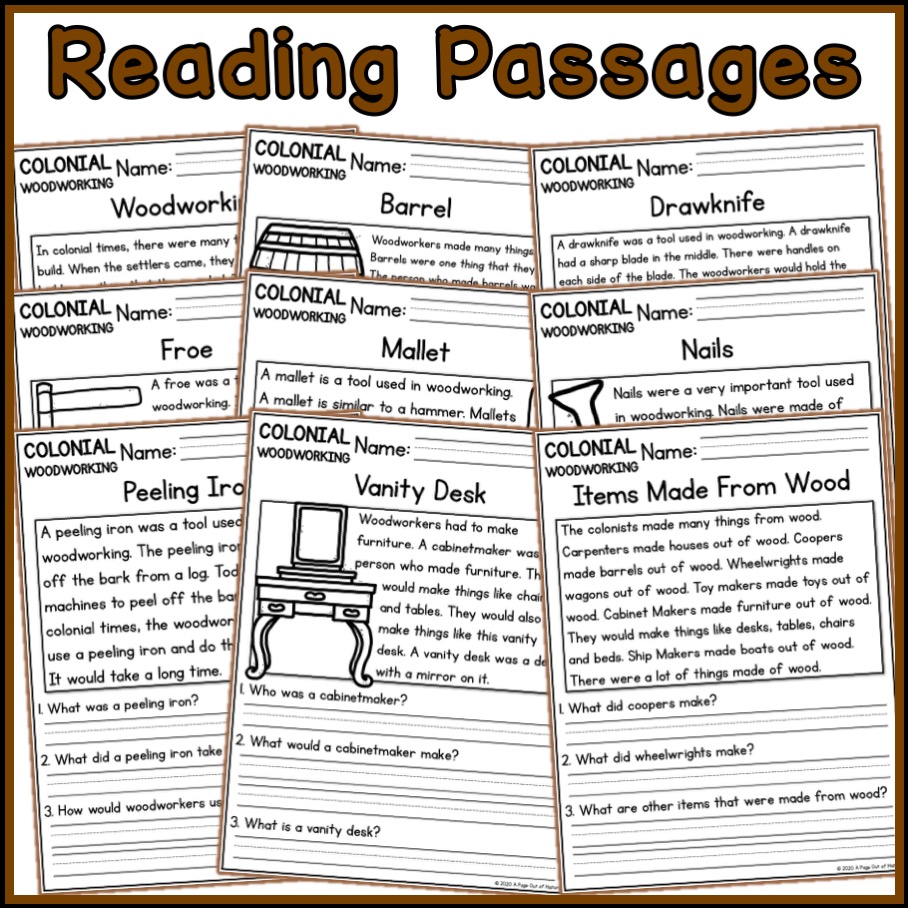 Colonial Woodworking Social Studies Reading Comprehension Passages K-2 ...