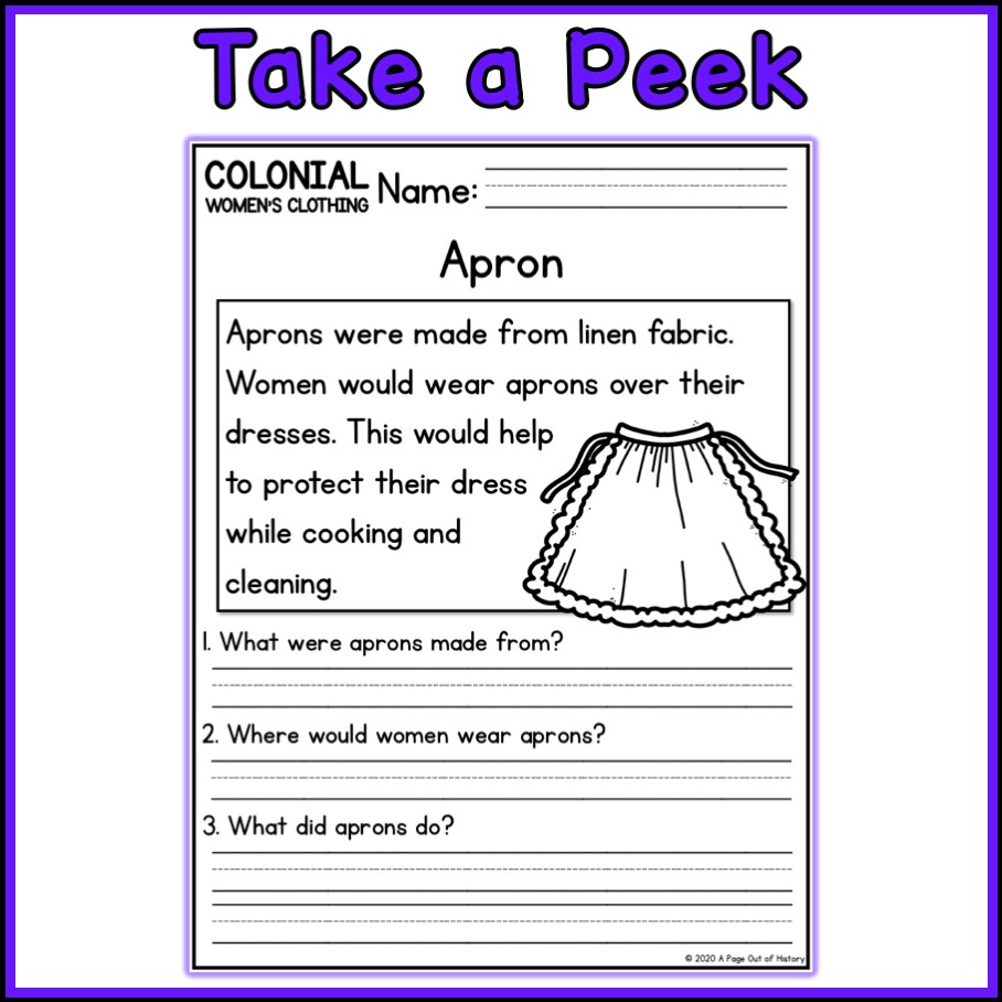 Colonial Women's Clothing Social Studies Reading Comprehension Reading ...