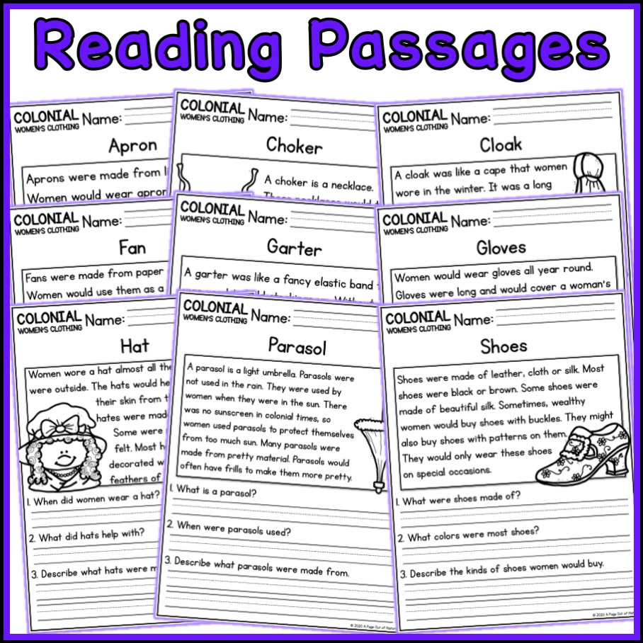 Colonial Women's Clothing Social Studies Reading Comprehension Reading ...