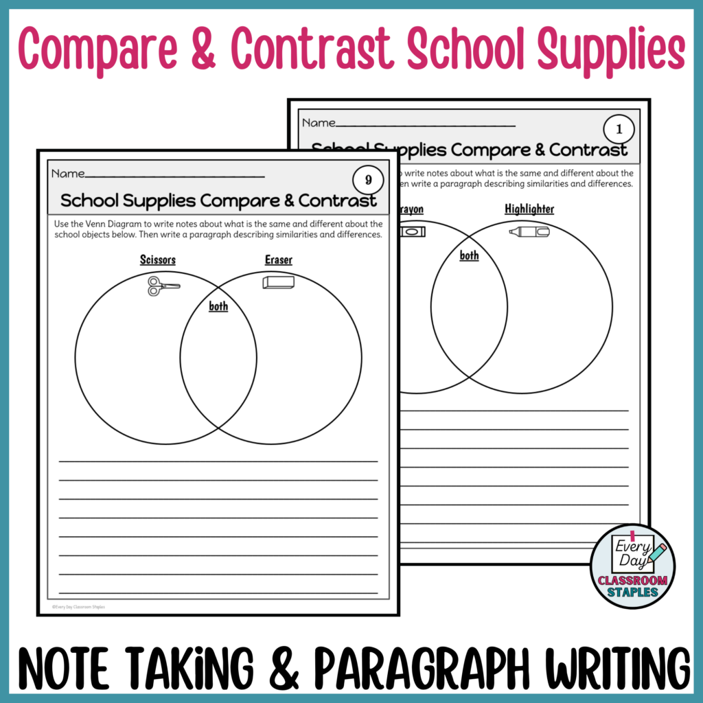 Back to School Supplies Compare and Contrast Writing with Venn Diagrams ...