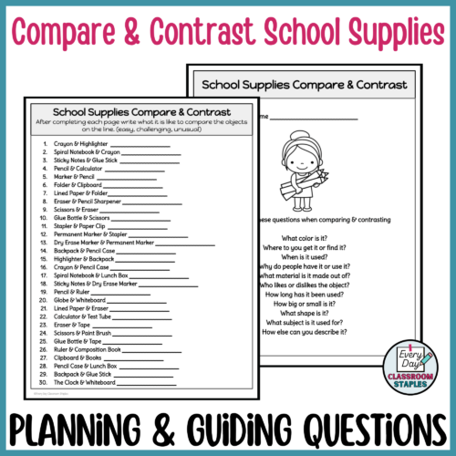 Back to School Supplies Compare and Contrast Writing with Venn Diagrams ...