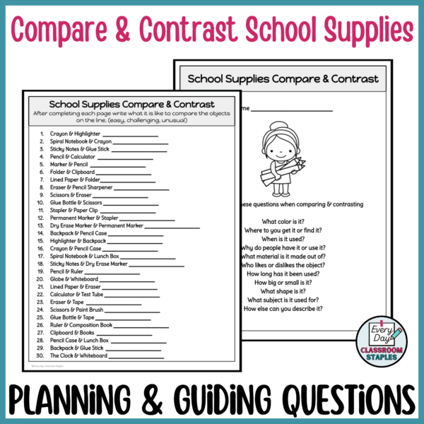 Back to School Supplies Compare and Contrast Writing with Venn Diagrams ...