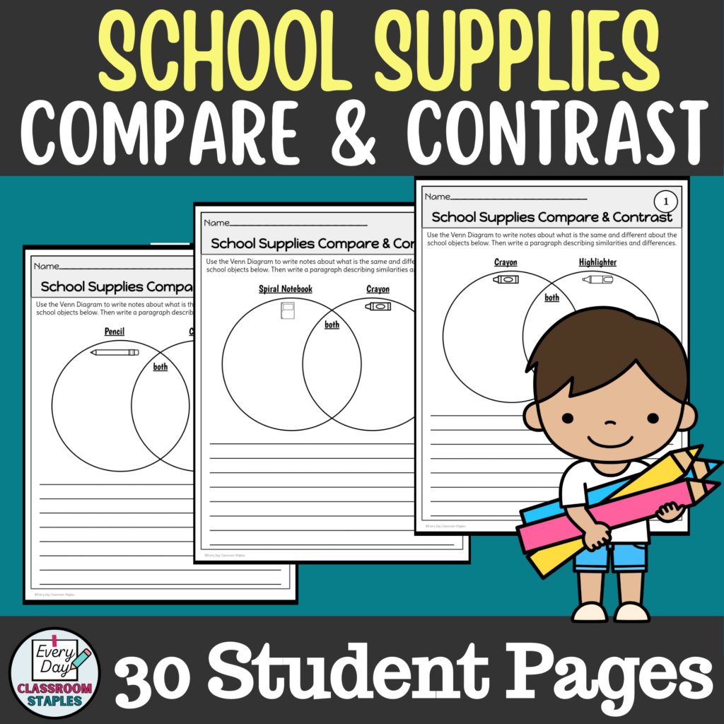 Back to School Supplies Compare and Contrast Writing with Venn Diagrams ...