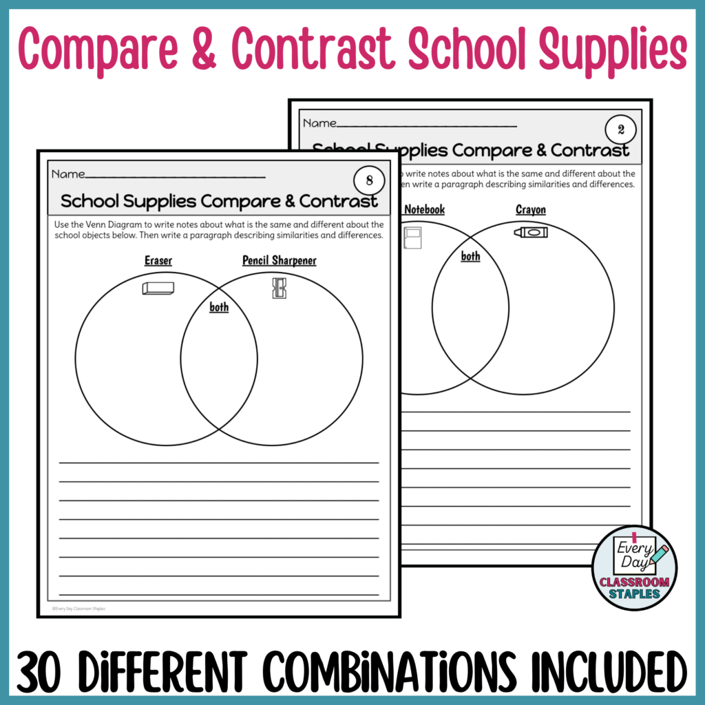 Back to School Supplies Compare and Contrast Writing with Venn Diagrams ...