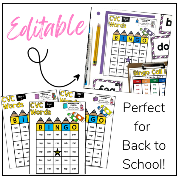 Back To School CVC Word BINGO Cards - No Prep Printable Editable | Made ...