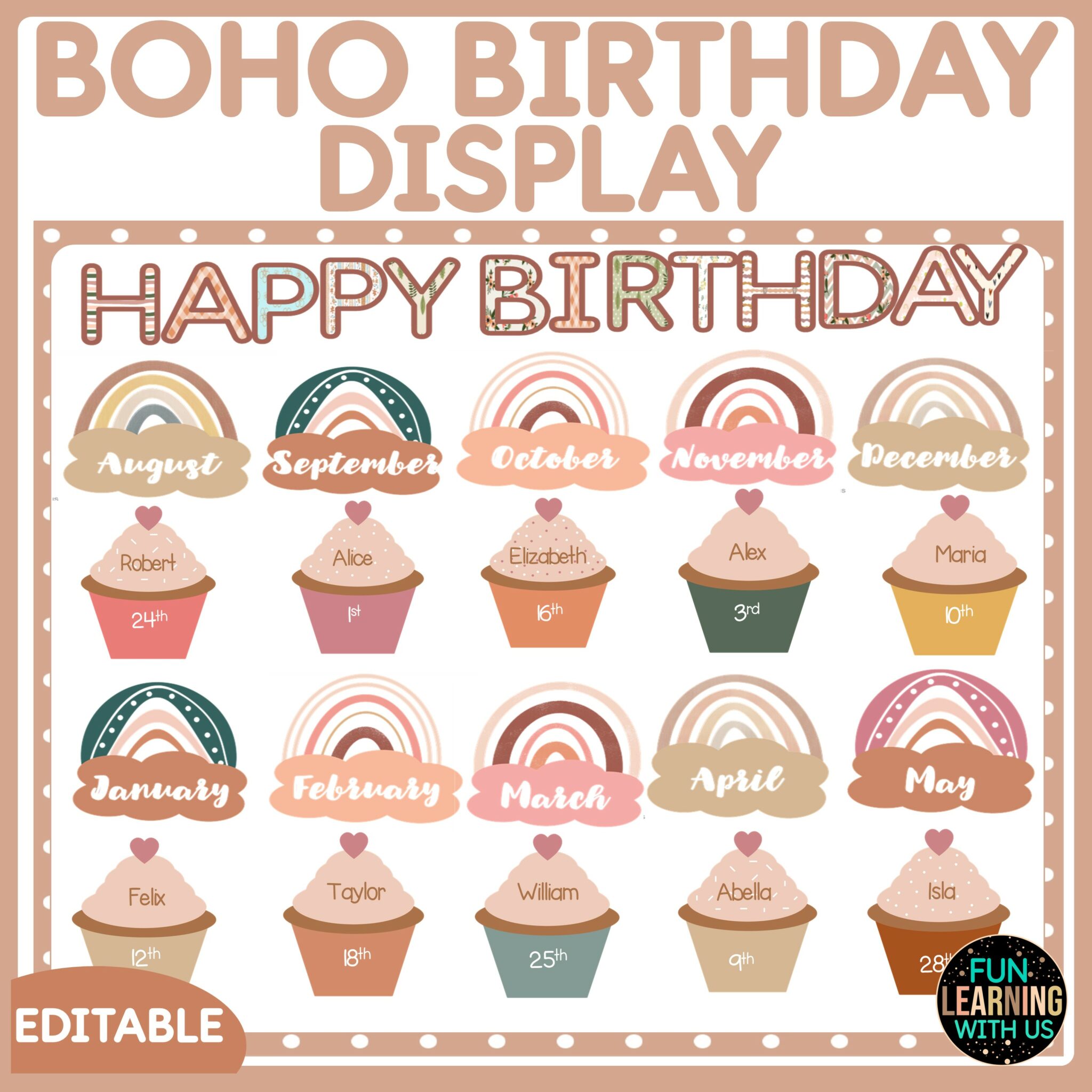 Boho Editable Rainbow Birthday Bulletin Board Display | Made By Teachers