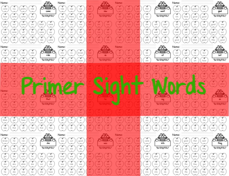 Primer Sight Word Bingo Dauber Sheets with Apples - Made By Teachers