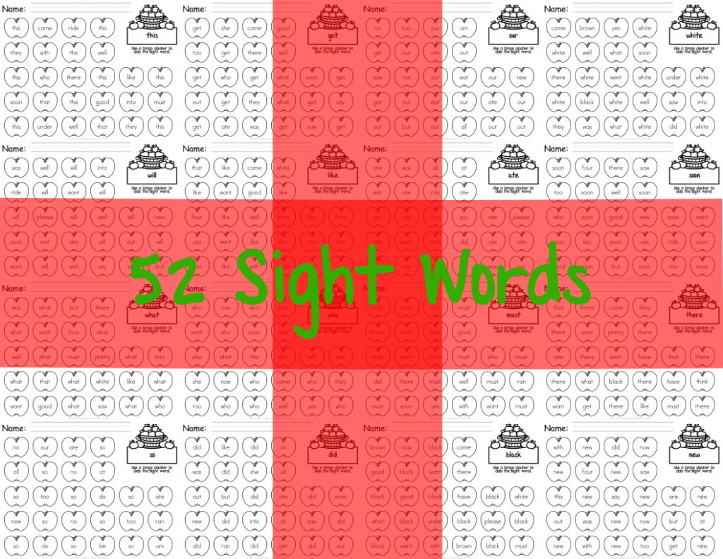 Primer Sight Word Bingo Dauber Sheets with Apples - Made By Teachers