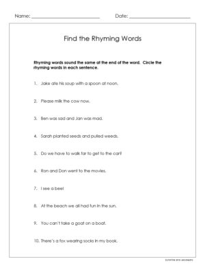Rhyming Words - 4 worksheets - Great Practice! - Grades 1-2-3 - Made By ...