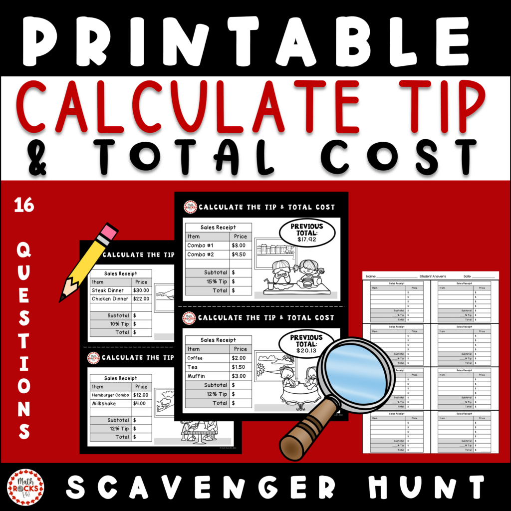 Calculate Tip and Total Cost Scavenger Hunt Printable Math Activity ...