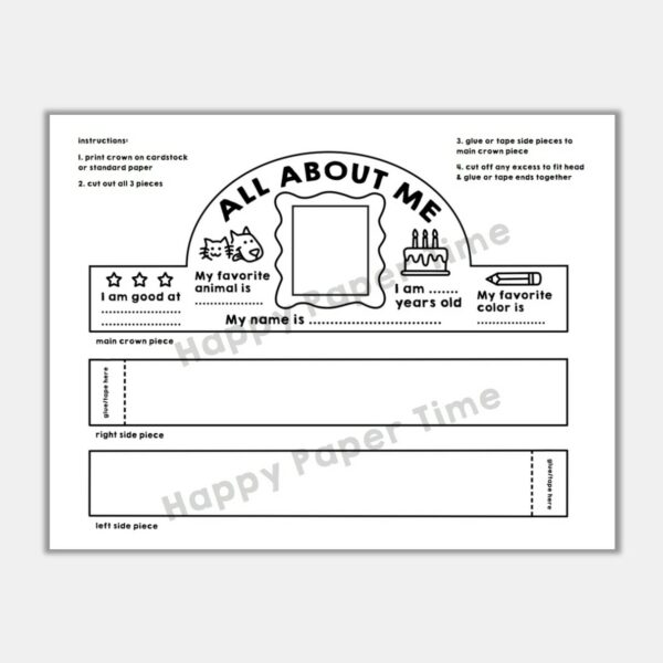 All About Me Paper Crown Headband Hat Printable Back To School Craft ...
