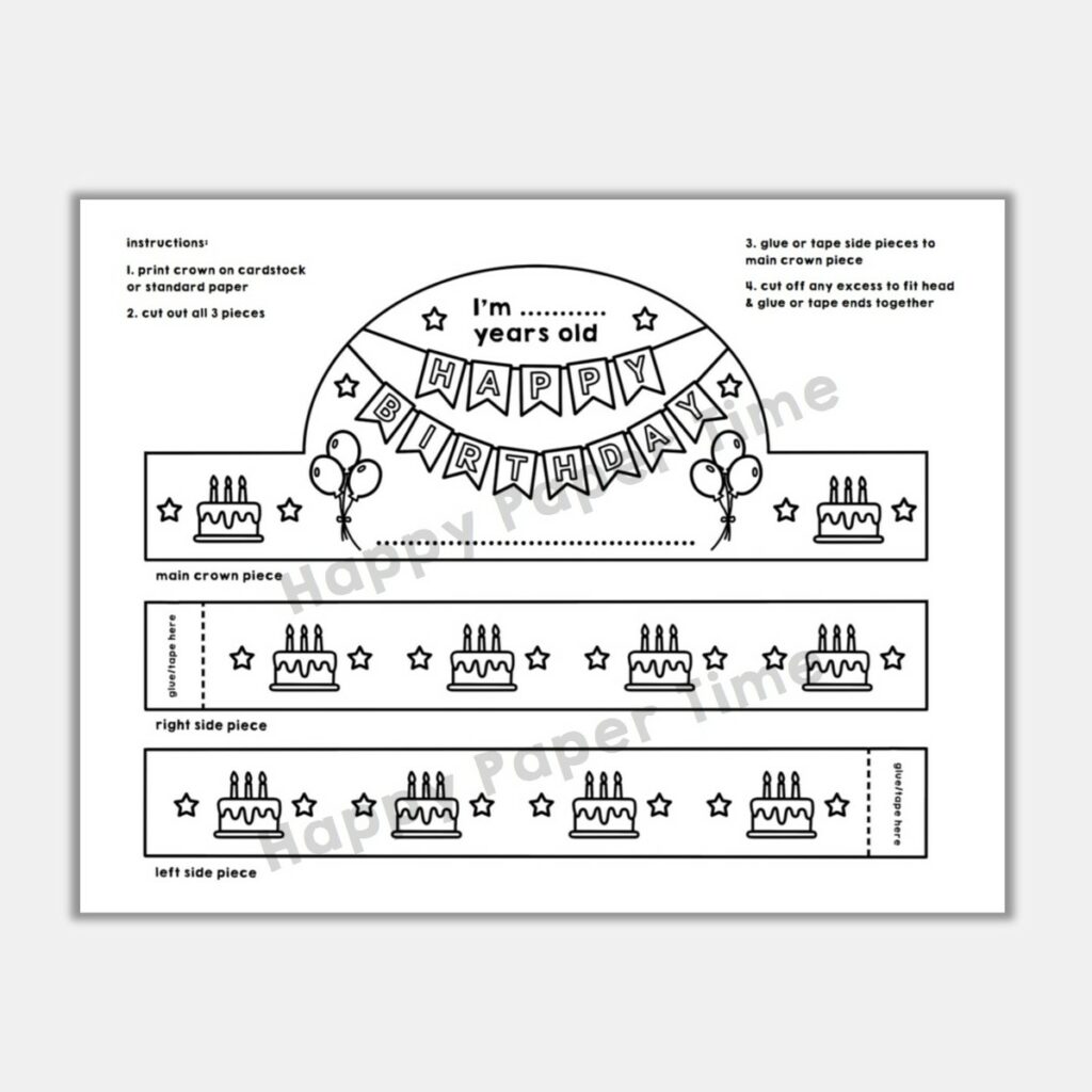 Happy Birthday Paper Crown Printable Coloring Craft Activity Template ...