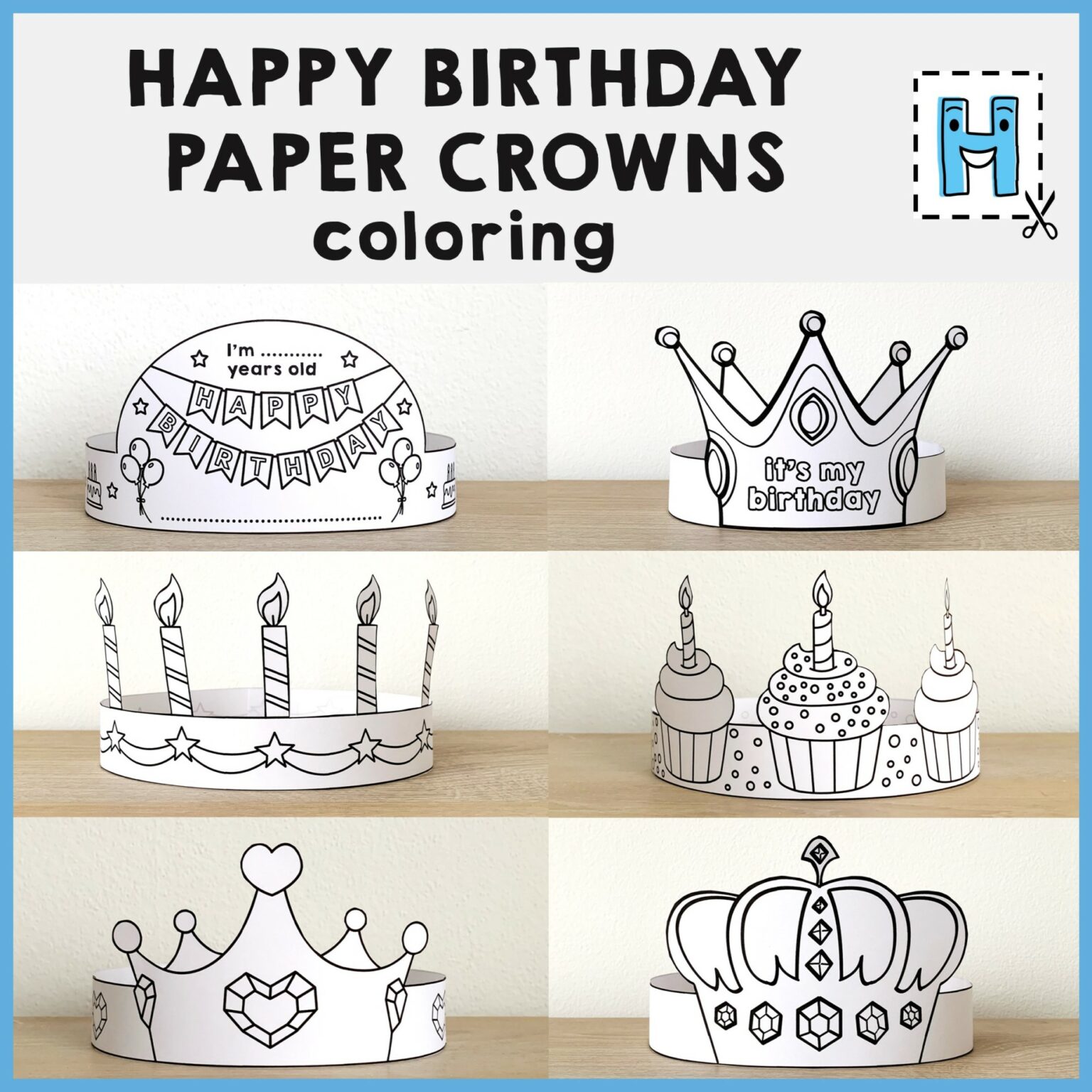 Happy Birthday Paper Crowns Headbands Hats Printable Coloring Craft ...