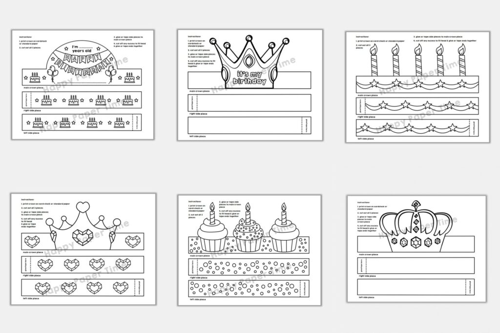 Happy Birthday Paper Crowns Headbands Hats Printable Coloring Craft ...