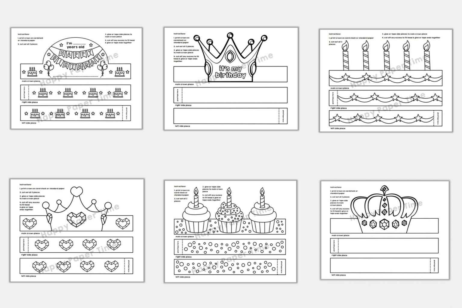 Happy Birthday Paper Crowns Headbands Hats Printable Coloring Craft ...