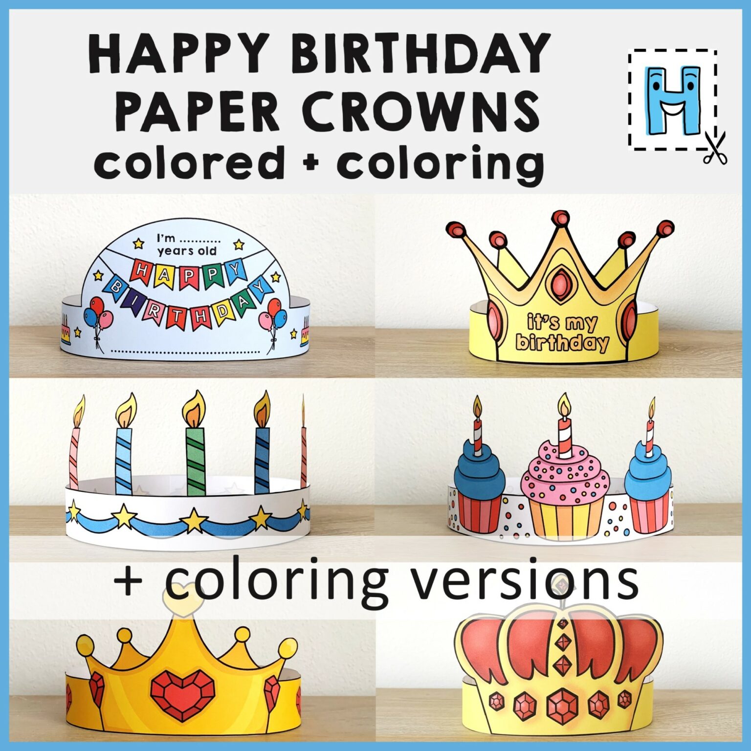 Happy Birthday Paper Crowns Headbands Hats Printable Coloring Craft ...