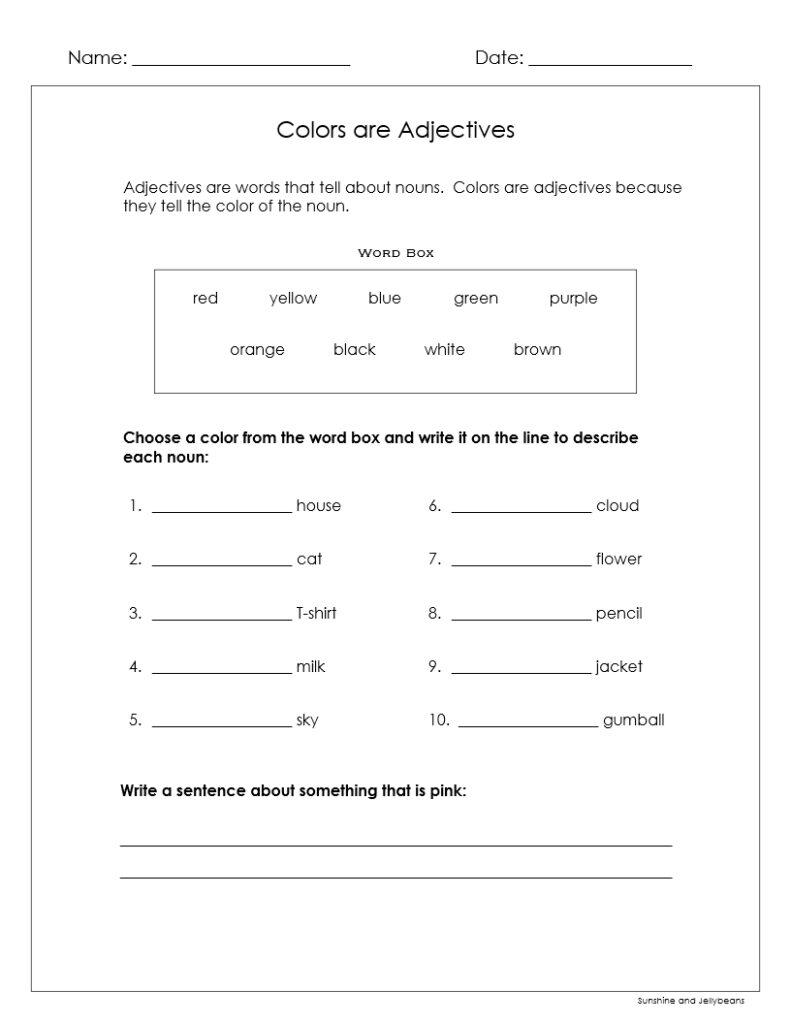 What is an Adjective? - Colors/Numbers/Flavors... 6 worksheets - Grade ...