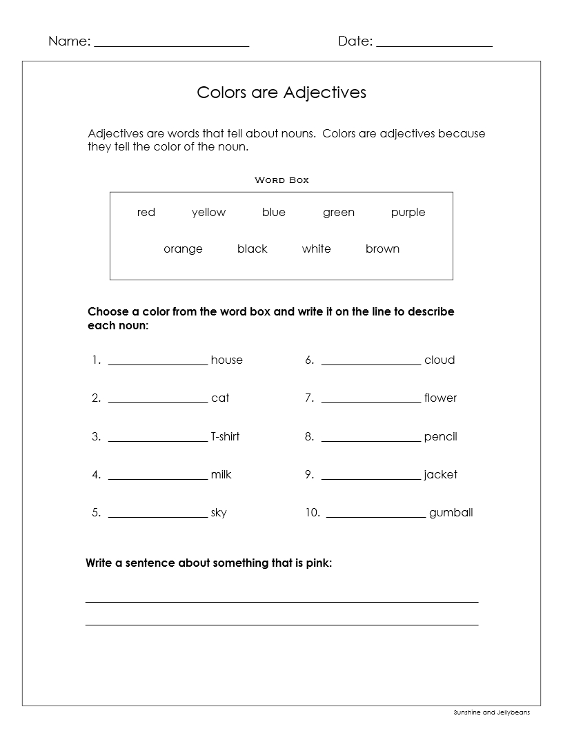 What is an Adjective? - Colors/Numbers/Flavors... 6 worksheets - Grade ...
