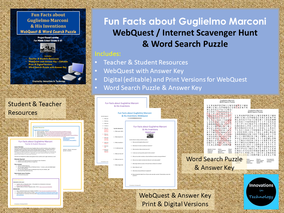 Guglielmo Marconi - WebQuest & Word Search Puzzle - Made By Teachers