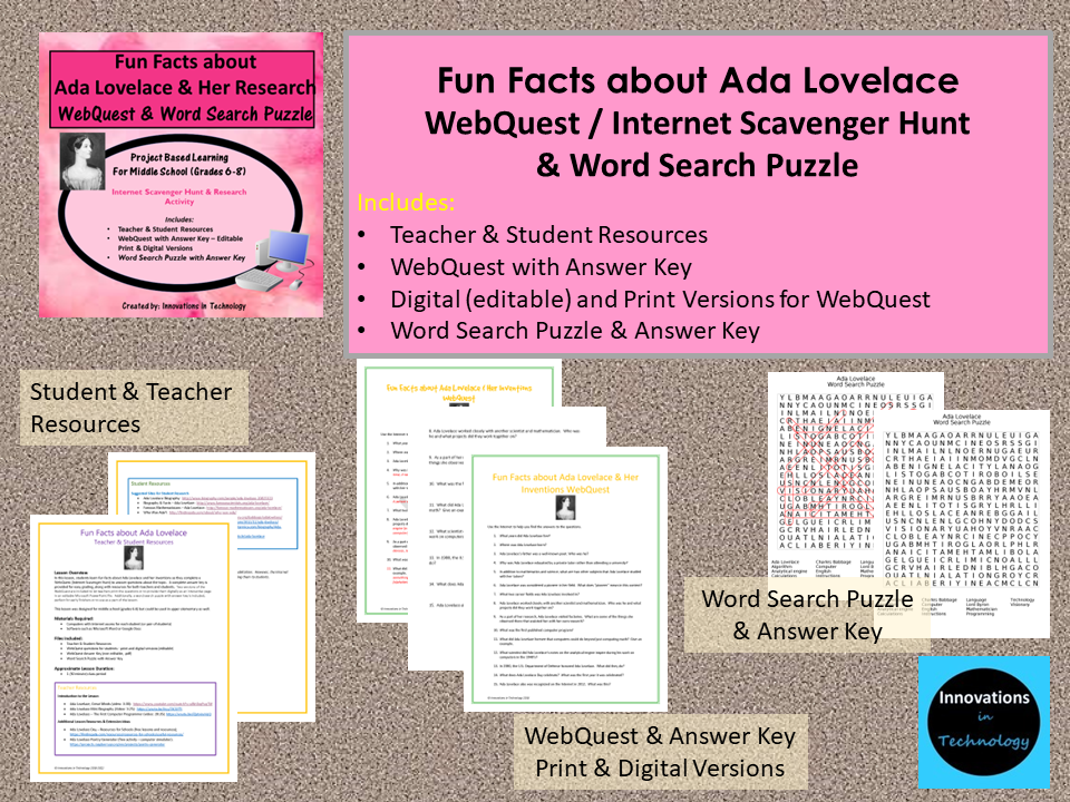 Ada Lovelace - WebQuest & Word Search Puzzle | Made By Teachers