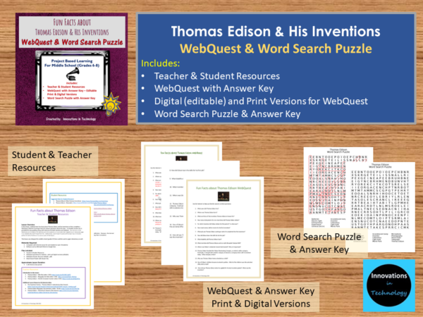 Thomas Edison - WebQuest & Word Search Puzzle | Made By Teachers