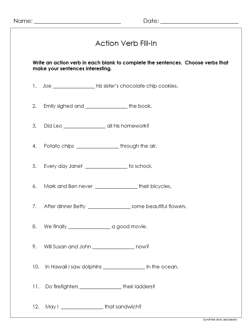 Action Verbs Practice - 3 worksheets - Fill-in / Writing - Grades 3-4 ...