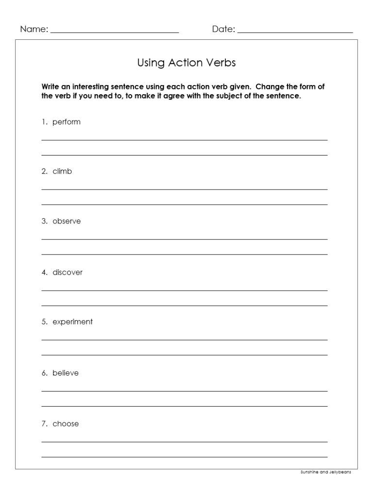 Action Verbs Practice - 3 worksheets - Fill-in / Writing - Grades 3-4 ...