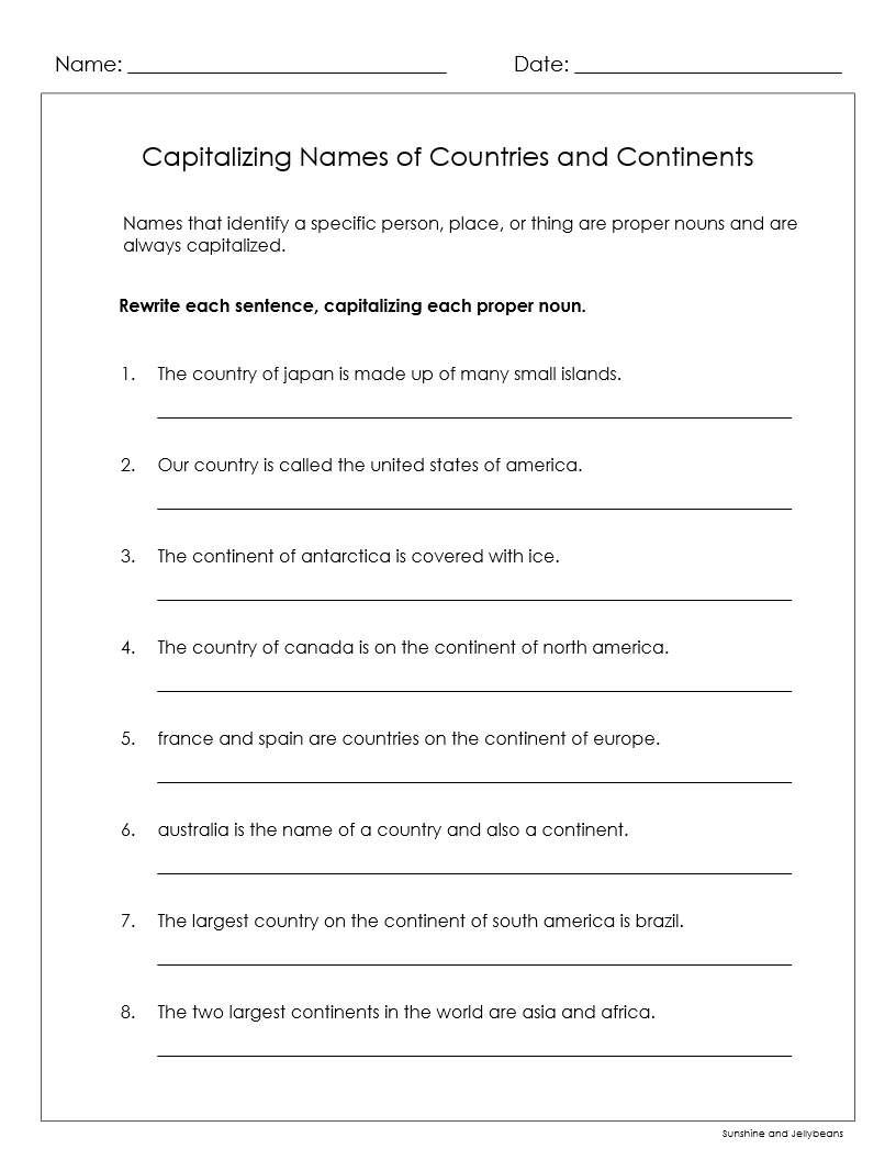 Things to Capitalize - Types of Proper Nouns - 6 worksheets - Grades 1 ...