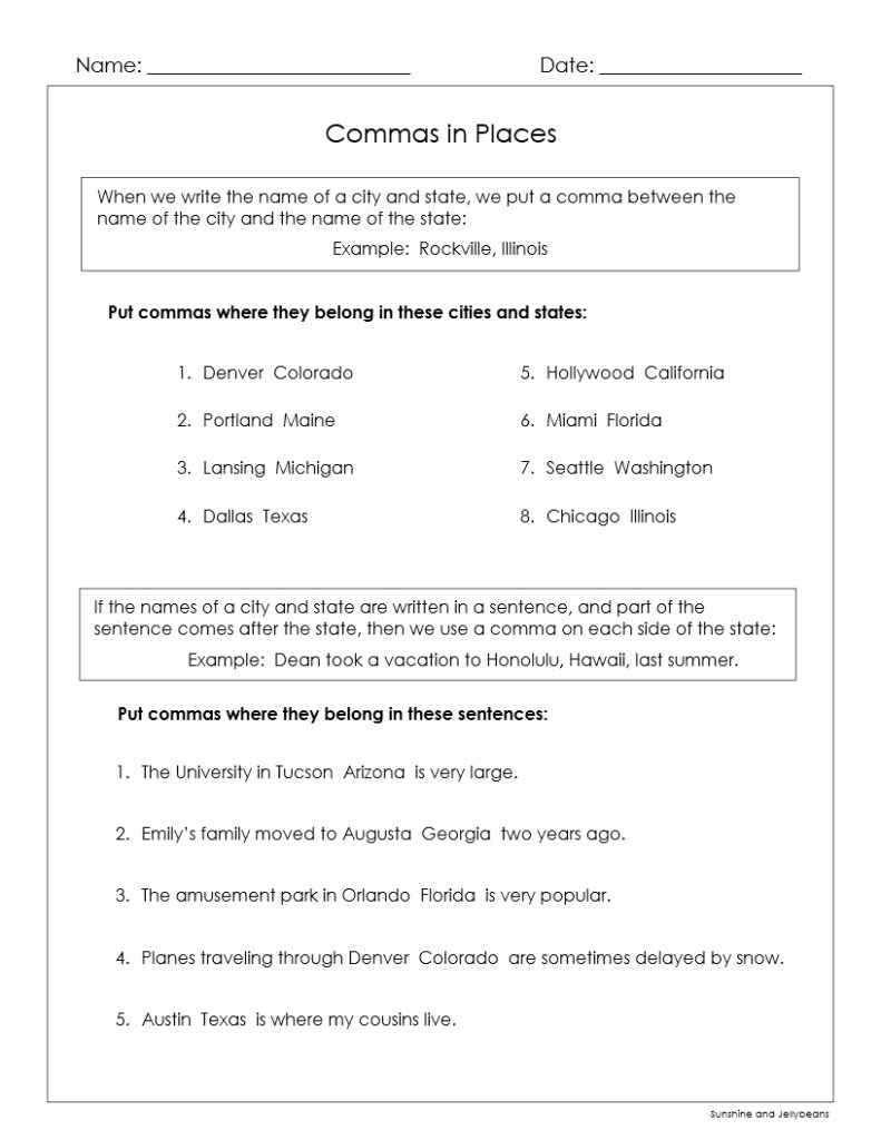 Commas in Dates - Places - Lists - Letters - Grades 2-3-4 - 7 ...