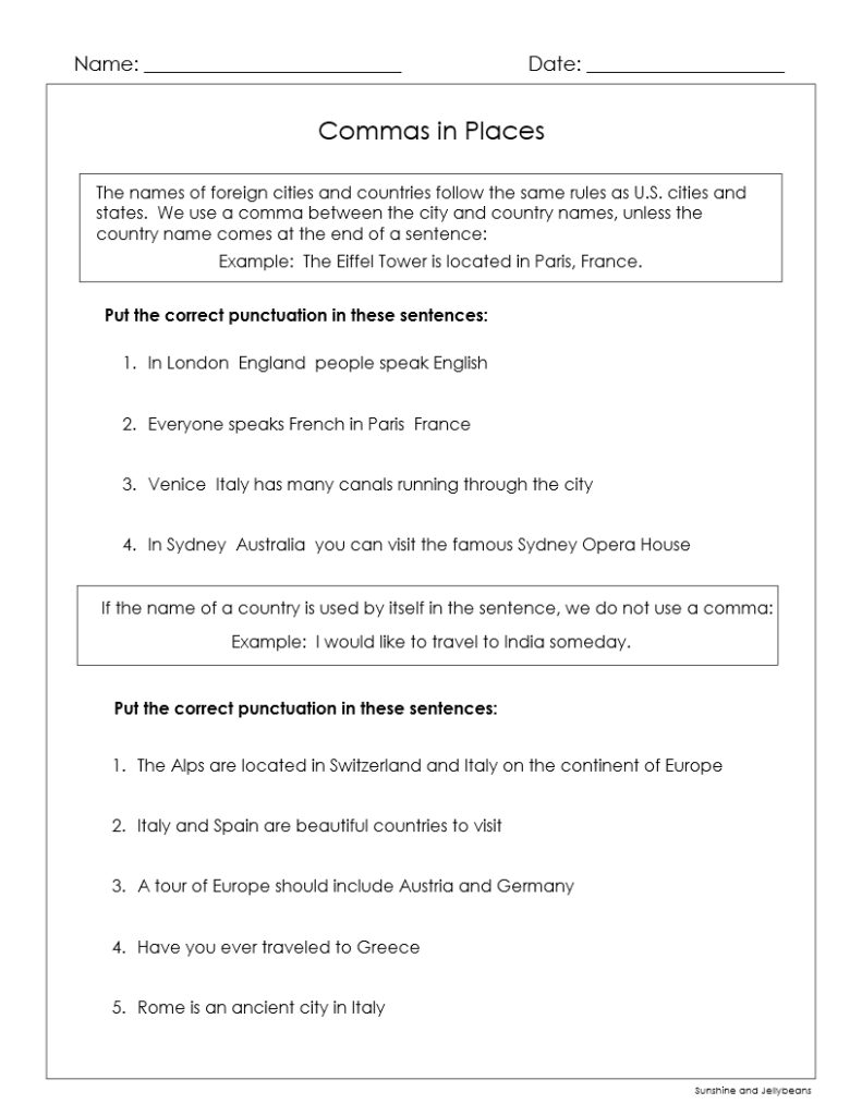 Commas in Dates - Places - Lists - Letters - Grades 2-3-4 - 7 ...