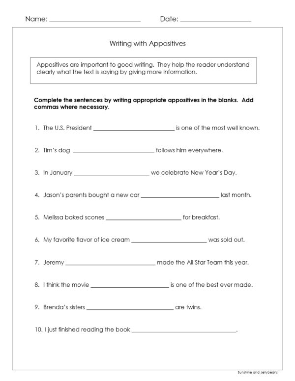 Appositives - Understanding and Writing with them - 2 worksheets ...