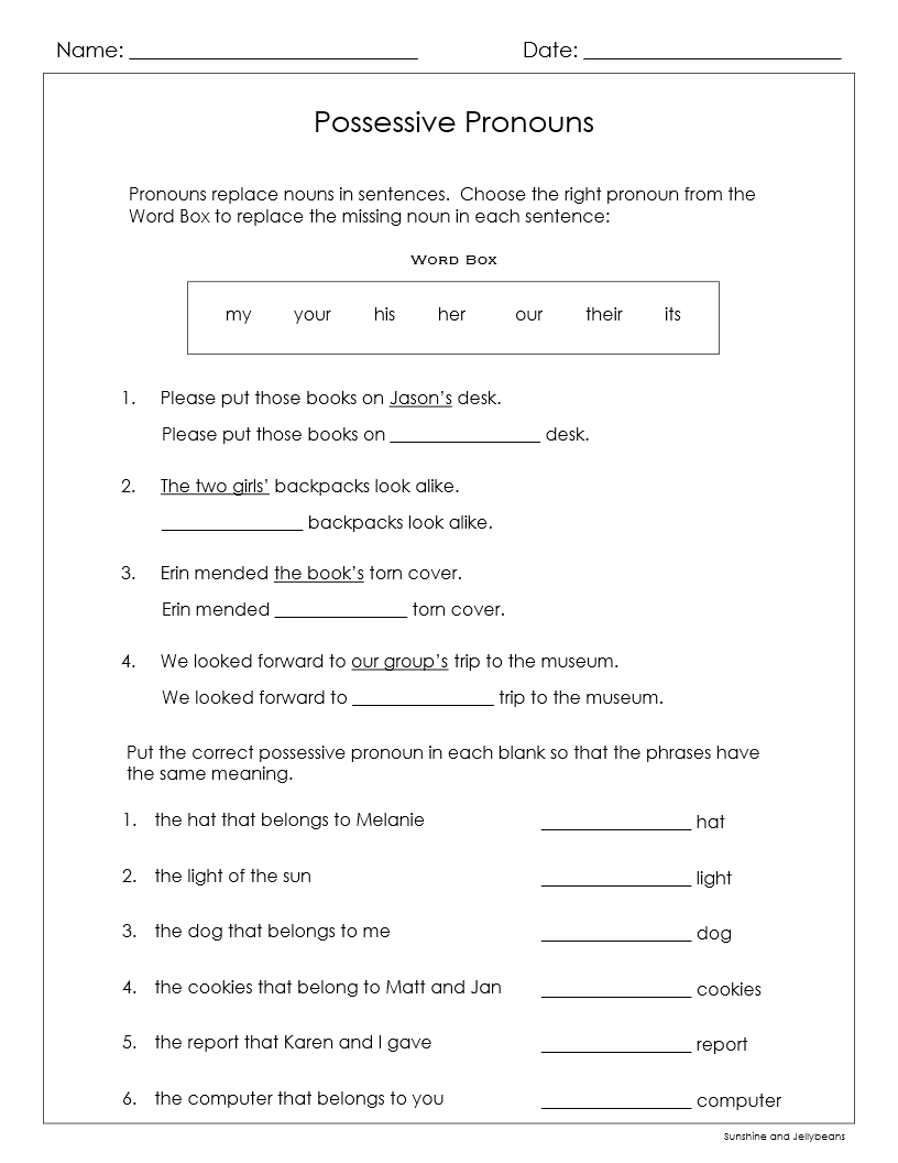 Practice with Pronouns - Personal & Possessive 3 worksheets - Grades 1 ...