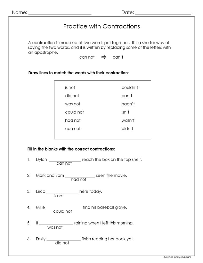 Practice with Contractions - 3 worksheets - Grade 2 - Matching ...