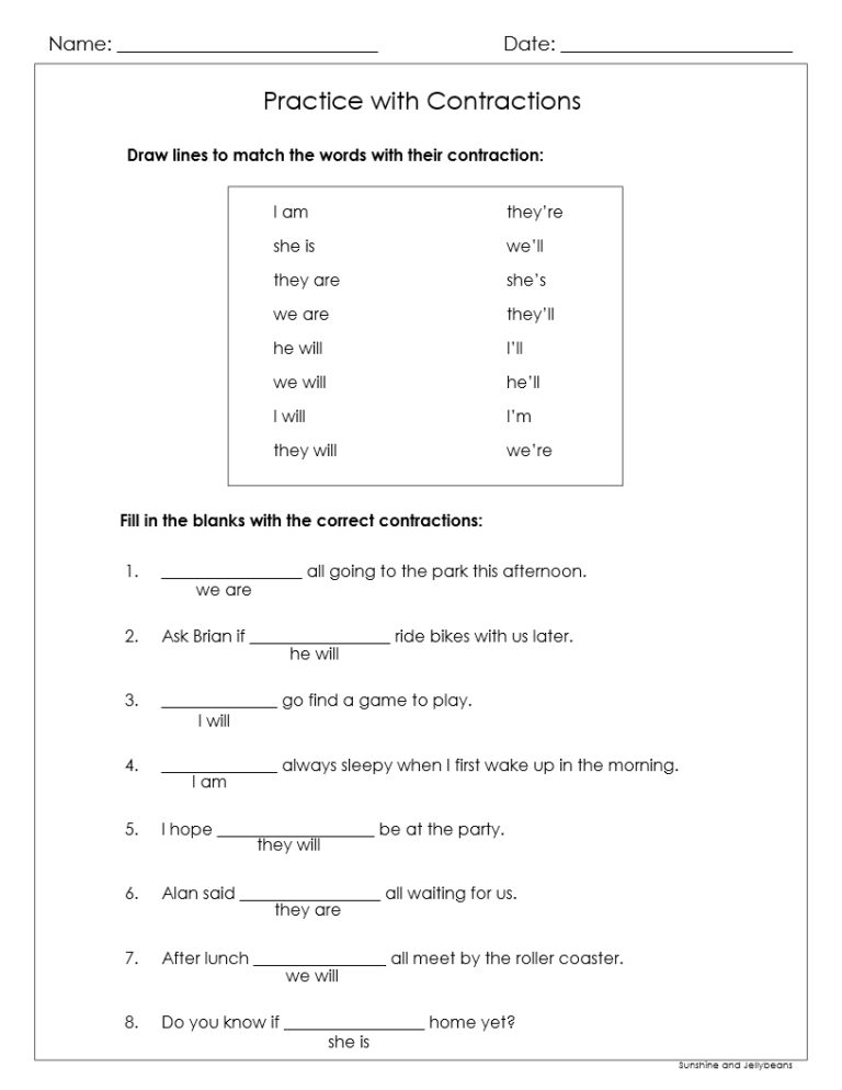 Practice with Contractions - 3 worksheets - Grade 2 - Matching ...