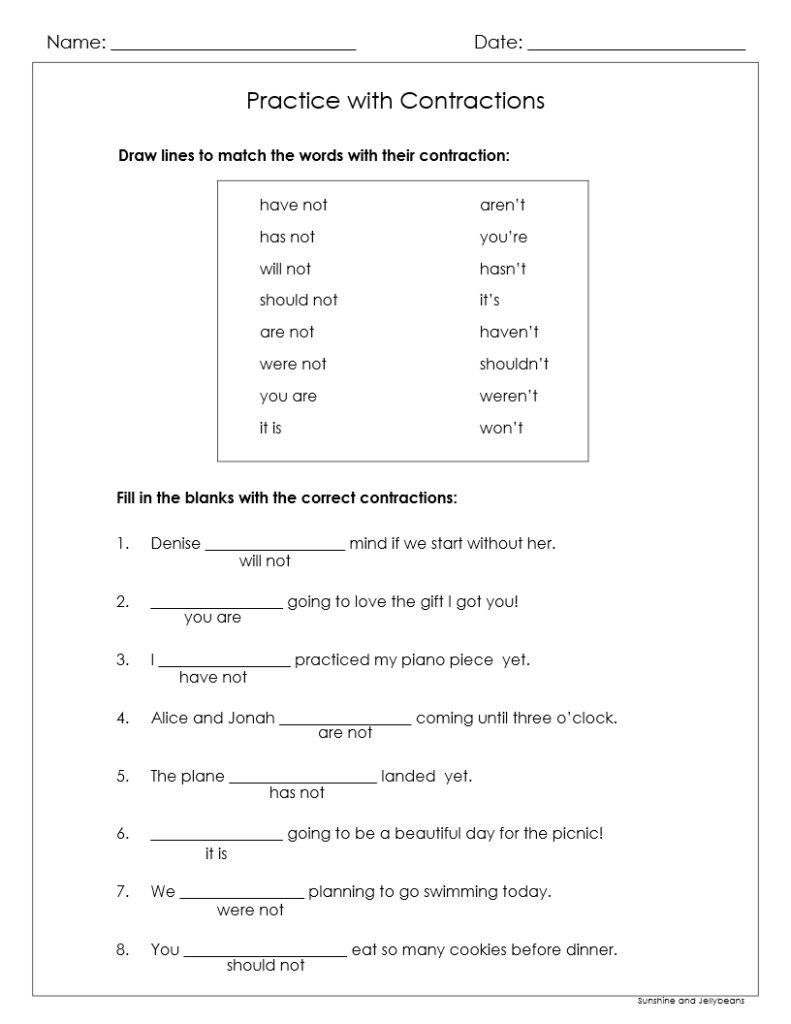 Practice with Contractions - 3 worksheets - Grade 2 - Matching ...