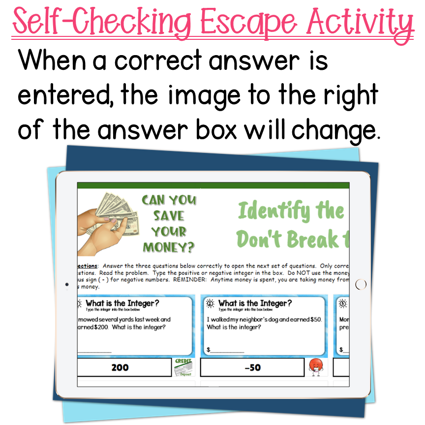 Identify Integers | Real Life Money Problems | Self-Checking Activity ...