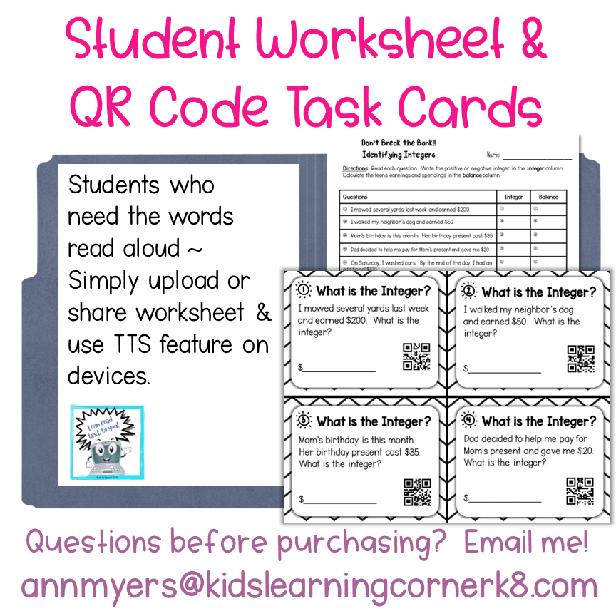 Identify Integers | Real Life Money Problems | Self-Checking Activity ...