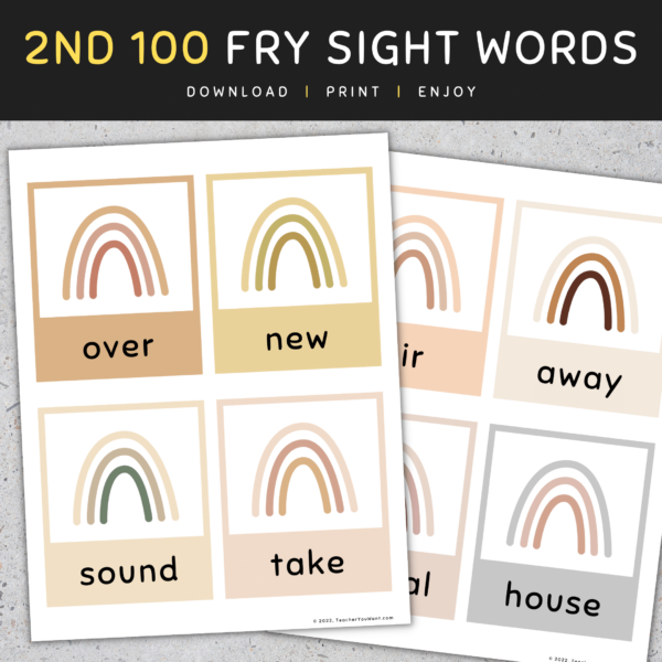 Fry Sight Word Flash Cards: 2nd 100, Boho Rainbow Sight Words, [SET 3 ...