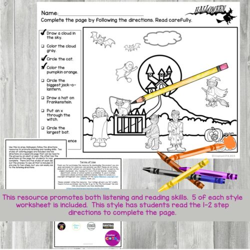 Halloween Following Directions Coloring Activity for Listening Skills ...