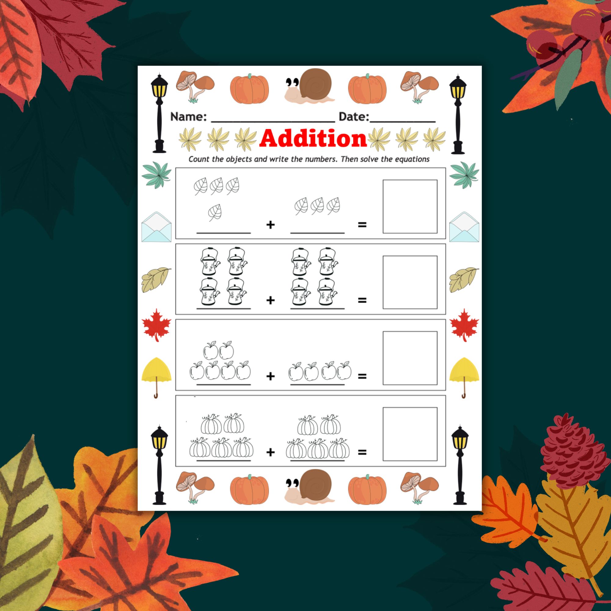 Printable Fall Autumn Math Addition -Fun September October Math ...