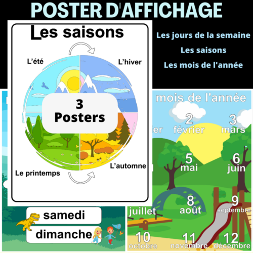 Classroom Decor ,Poster d'affichage Les 4 Saisons,7 jours ,12 mois ...