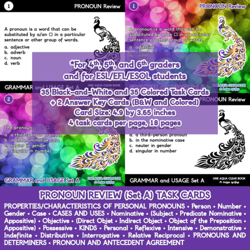 Pronoun Review (Set A) Black-and-White and Colored Task Cards | Made By ...