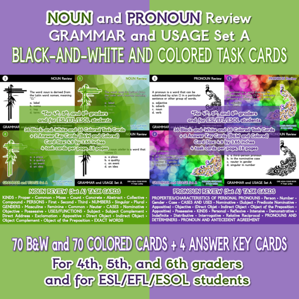 Noun and Pronoun Review (Set A) Black-and-White and Colored Task Cards ...