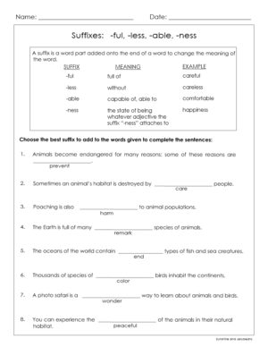 Suffixes: -ful -less -able -ness - Endangered Animals - 3 worksheets ...