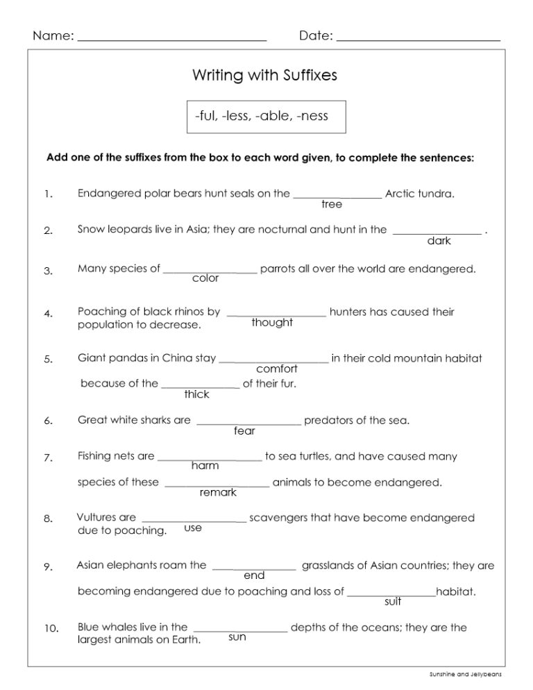 Suffixes: -ful -less -able -ness - Endangered Animals - 3 worksheets ...